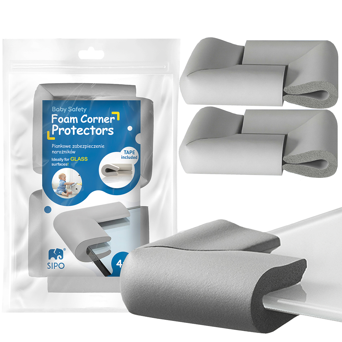 SIPO Foam corner protectors for glass surfaces, gray - 4 pcs - banaby.ie
